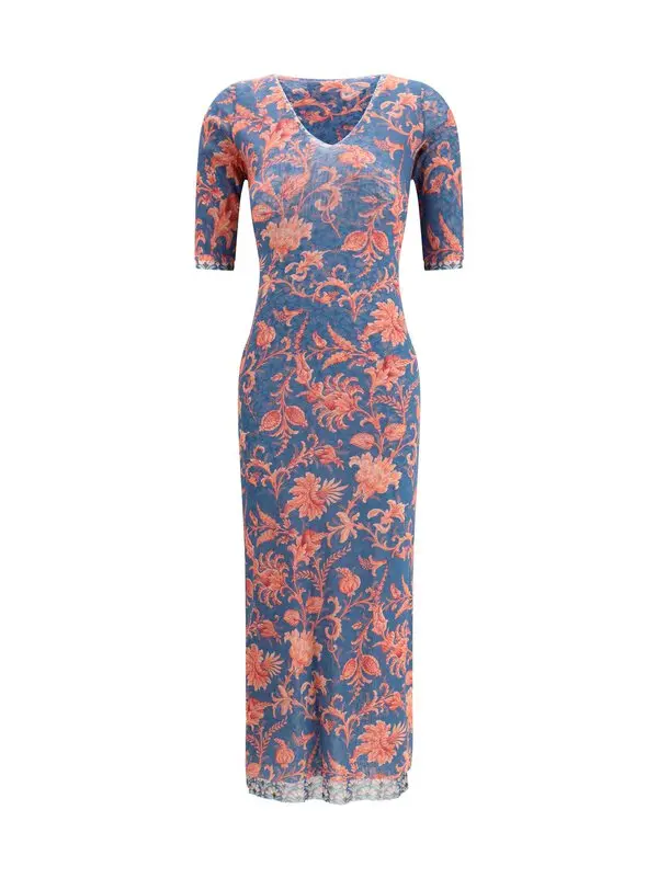 Etro Stretch Tulle Midi Dress With Floral Motif - Multicolor