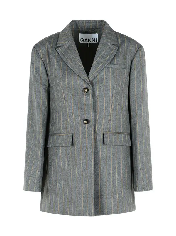 GANNI Grey Wool Blend Blazer With Vertical Stripes - Gray