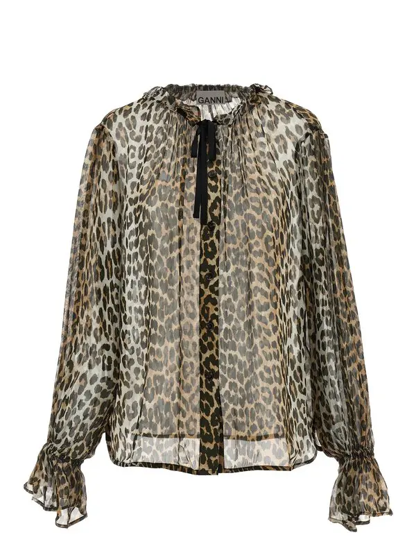 GANNI Leopard Print Chiffon Tie Neck Shirt - Multicolor