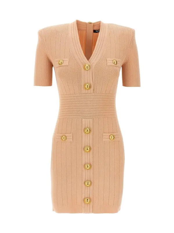 Balmain Chiocciola" Ribbed Knit Dress With Gold Tone Buttons - Pink