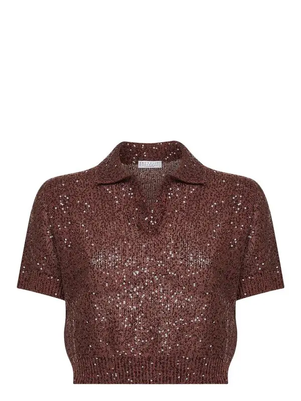 Brunello Cucinelli Burgundy Dazzling Knit Cropped Polo Shirt - Multicolor