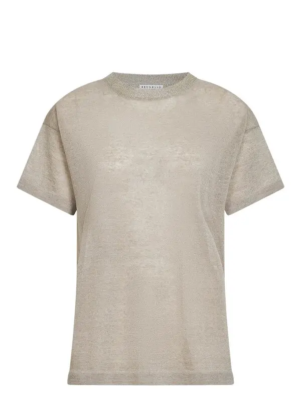 Brunello Cucinelli Beige Linen Blend Sweater With Lamé Crewneck - Multicolor