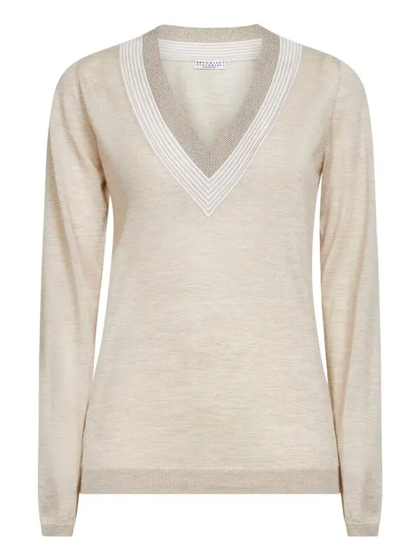 Brunello Cucinelli Beige Lightweight Cashmere And Silk Knit Sweater With Sparkling Neckline - Multicolor