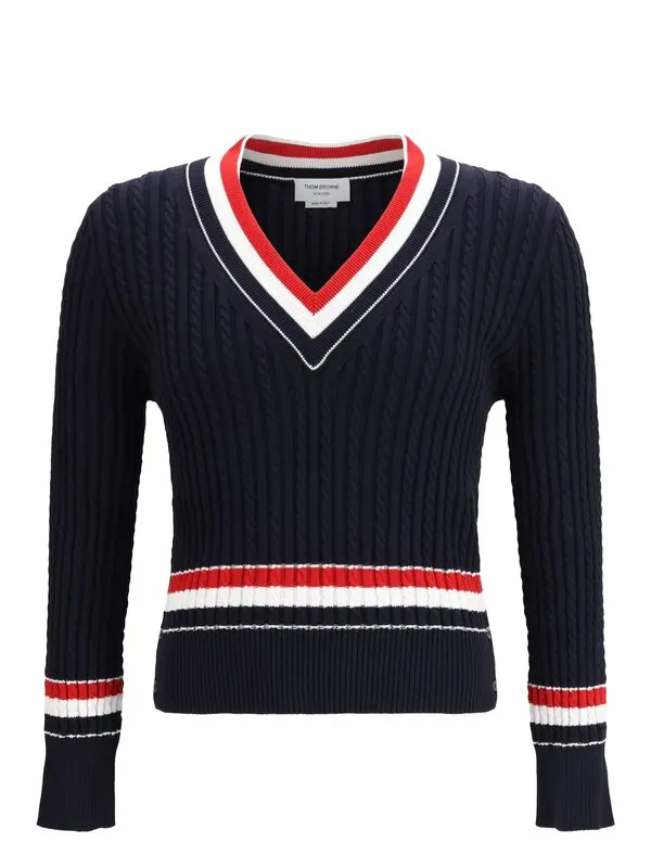 Thom Browne Intarsia Cable-knit V-neck Pullover - Blue