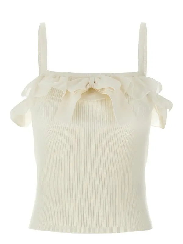 Alessandra Rich Ribbed Knit Top With Ruffle And Bow Detail - White