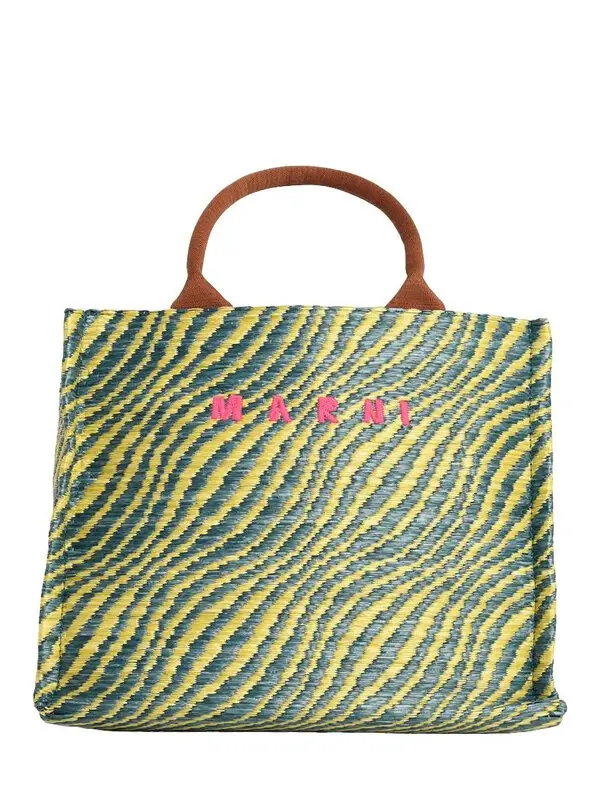 Marni Small Tote Bag In Multicolor Raffia Effect Fabric - Green