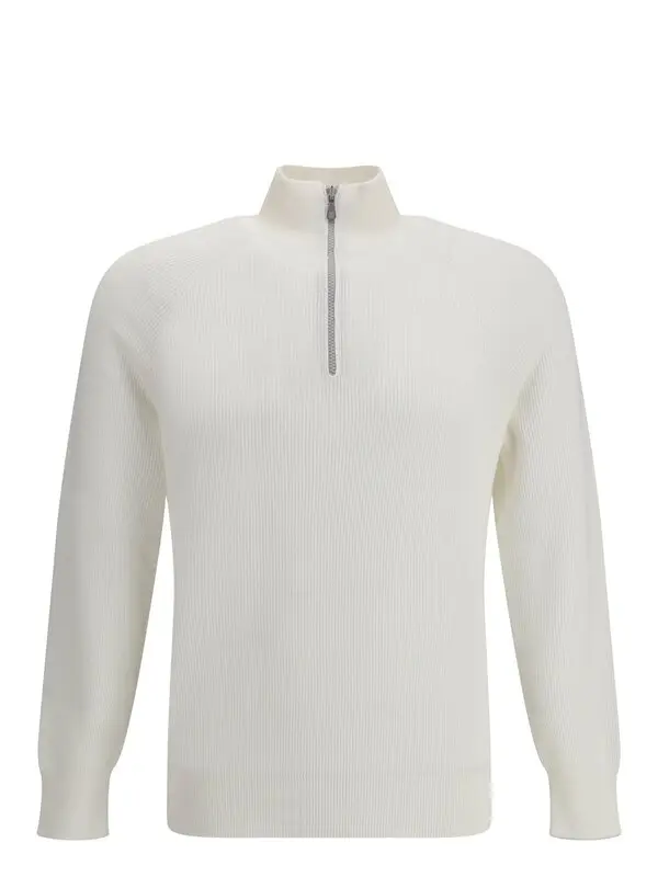 Brunello Cucinelli Ribbed Cotton Quarter Zip High Neck Sweater - White