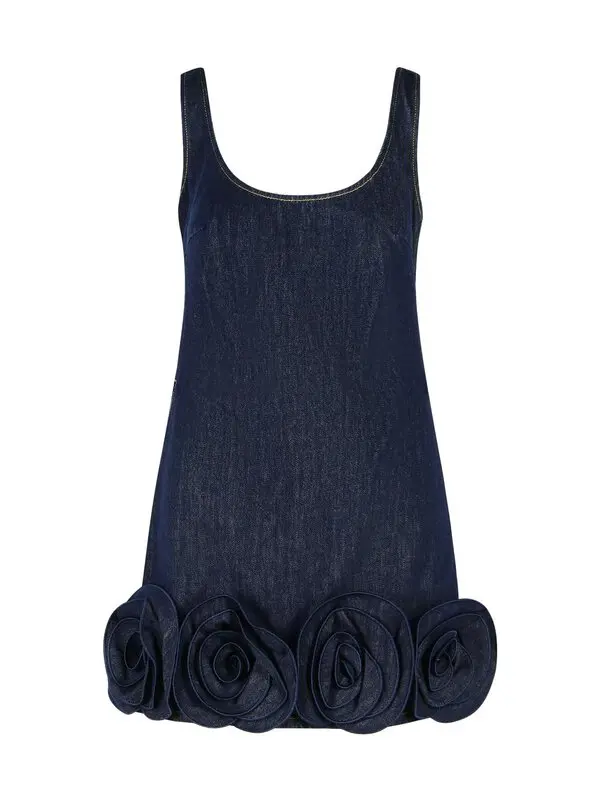 SELF-PORTRAIT Denim Dress With Floral Hem Detail - Blue