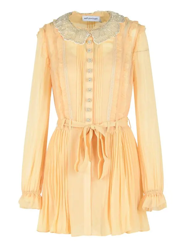 SELF-PORTRAIT Viscose Georgette Dress With Embellished Collar - Cream