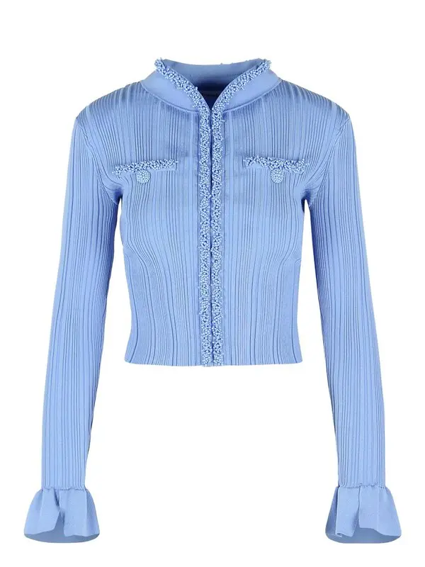 SELF-PORTRAIT Ribbed Cardigan With Beaded Details And Ruffle Cuffs - Blue