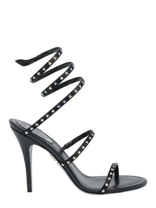 Rene Caovilla Calf Leather Star Embellished Stiletto Heel Sandals - Black