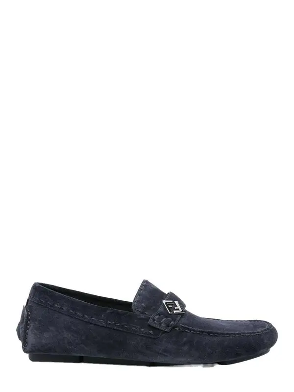 Fendi Navy Suede Slip-on Loafers With Logo Plaque - Blue