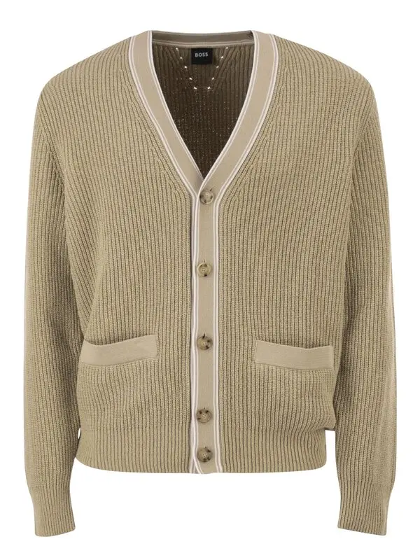 BOSS Ribbed Cotton Cardigan With Contrast Buttons - Cream