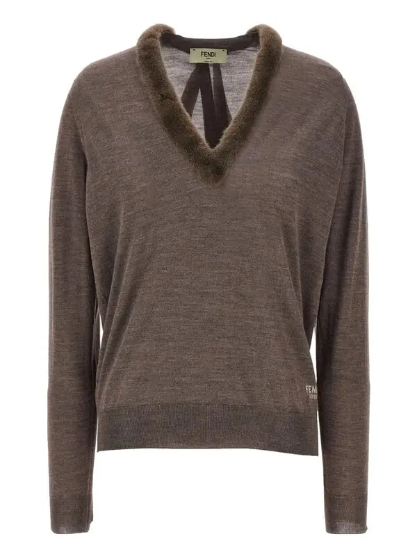 Fendi Wool And Silk V-neck Jumper With Fur Trim And Tie Detail - Brown