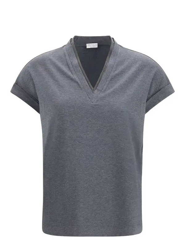 Brunello Cucinelli Embellished V-neck Cotton T-shirt - Gray