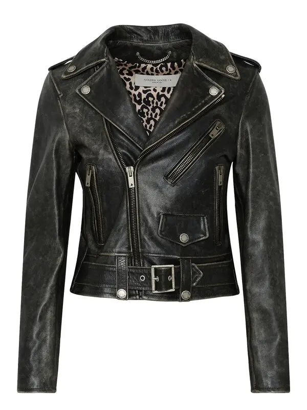 GOLDEN GOOSE Distressed Leather Moto Jacket With Buckle Belt - Black