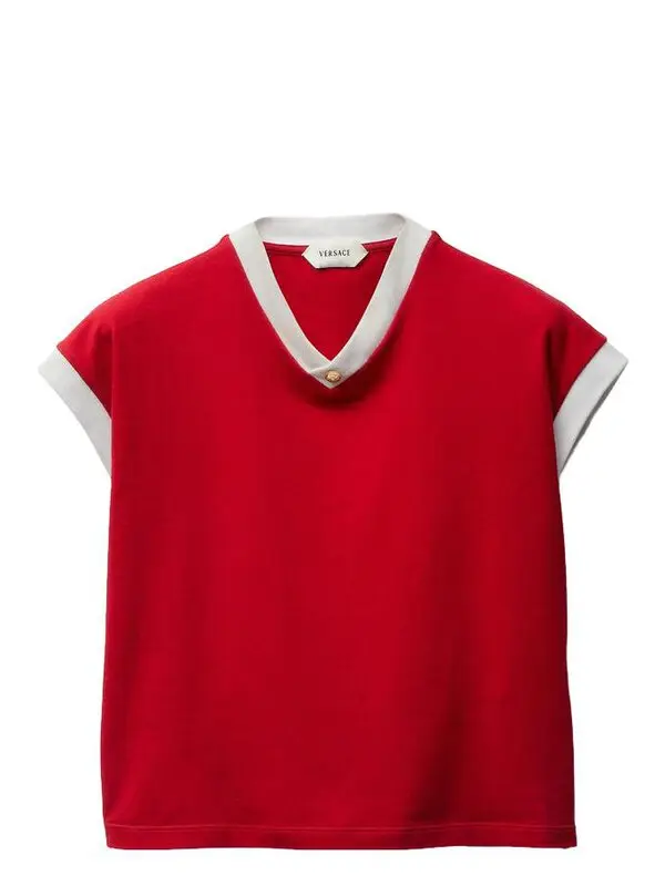 Versace Short-sleeved V-neck Cotton Jersey T-shirt With Medusa Hardware - Red