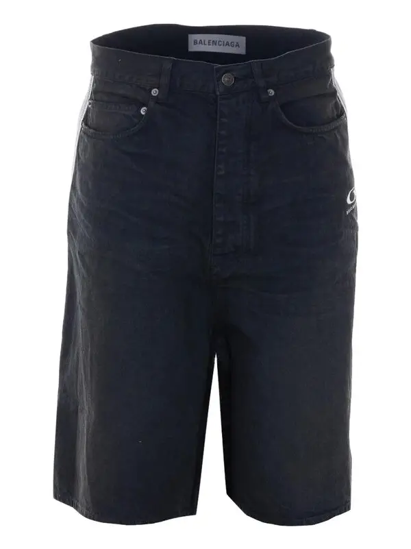 Balenciaga Sports Icon Logo Embroidered Wide Leg Denim Shorts - Black