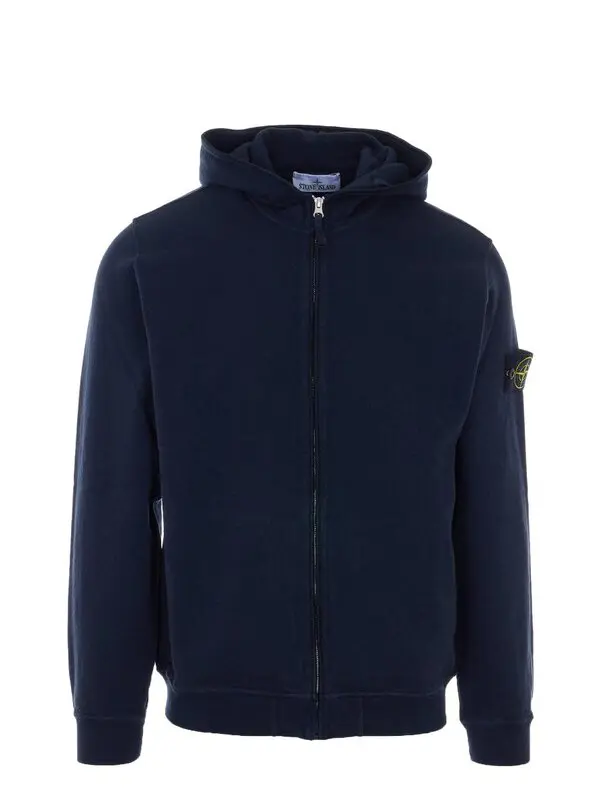 Stone Island Old Effect Logo Zip Up Hoodie - Blue