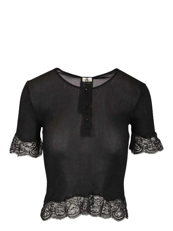 Saint Laurent Fitted Silk T-shirt With Lace Trim - Black