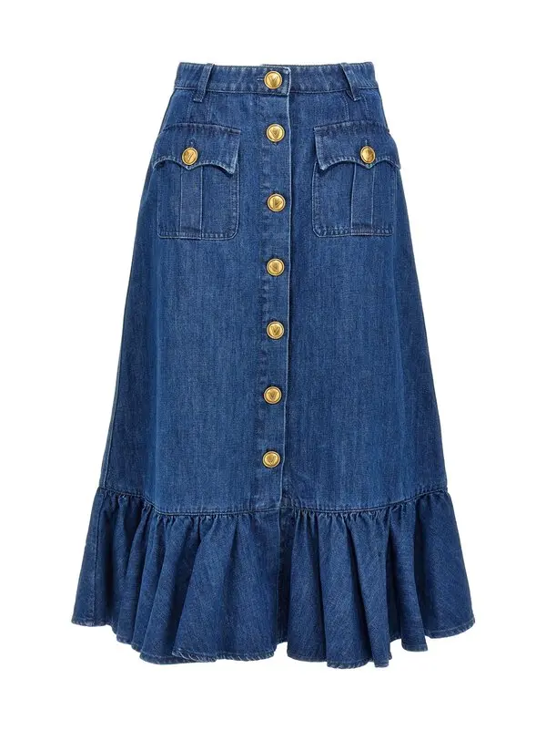 Valentino Garavani Denim Midi Skirt With Vlogo Button Closure - Blue