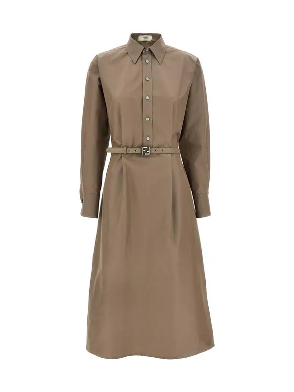 Fendi Midi Shirt Dress With Removable Ff Buckle Belt - Gray