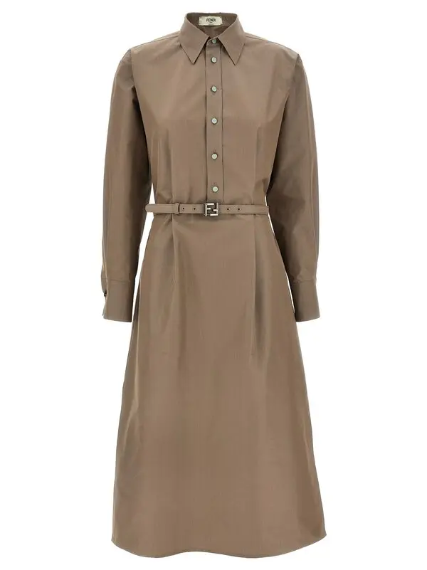 Fendi Midi Shirt Dress With Removable Ff Buckle Belt - Gray