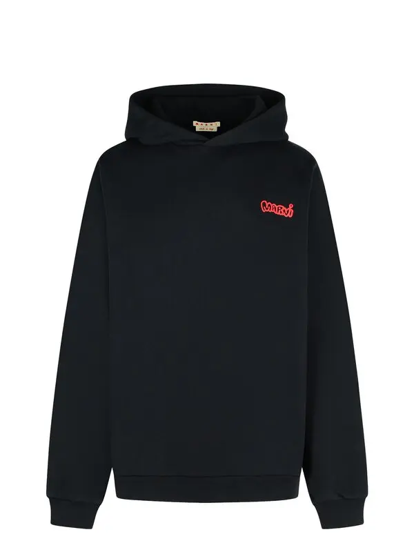 Marni Cotton Oversized Hoodie With Contrast Logo And Back Print - Black