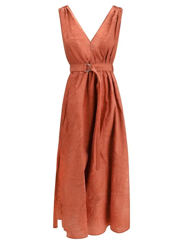 Brunello Cucinelli Midi Dress With Floral Motif And Belted Detail - Red