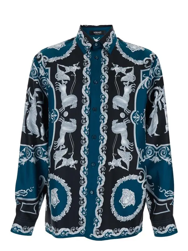 Versace Blue Shirt With Classic Collar And All-over Print In Silk - Multicolor