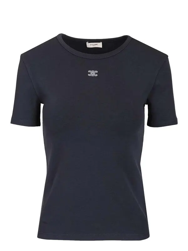 Celine Triomphe Embroidered Ribbed Cotton T-shirt - Blue