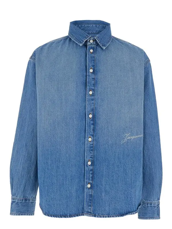Jacquemus Simon' Light Blue Shirt With Classic Collar And Logo Lettering Embroidery On The Front In Denim For - Multicolor