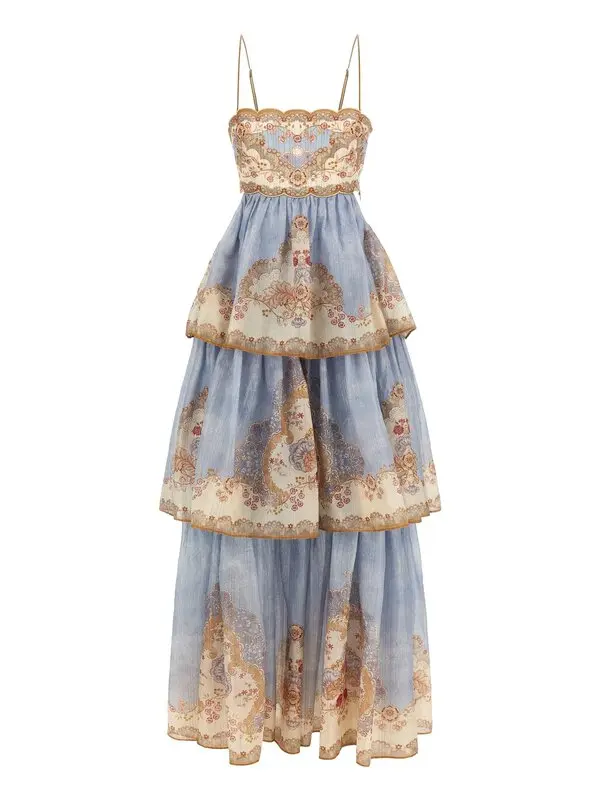 Zimmermann Daylight Floral Print Cotton Silk Blend Dress With Scalloped Embroidery And Cut-outs - Blue