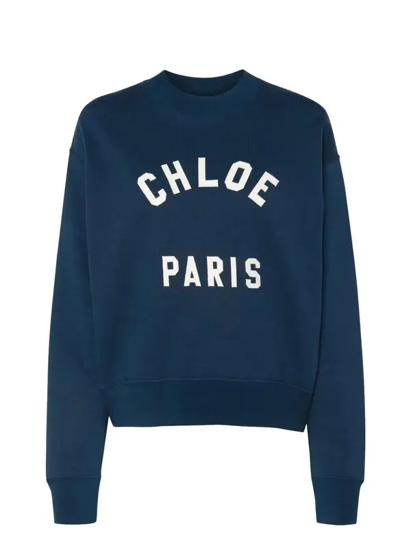 Chloé Mock Neck Cotton Fleece Logo Sweater - Blue
