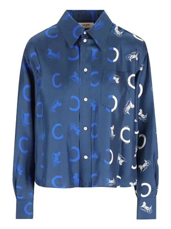 Celine Cropped Silk Shirt With Iconic Print - Multicolor
