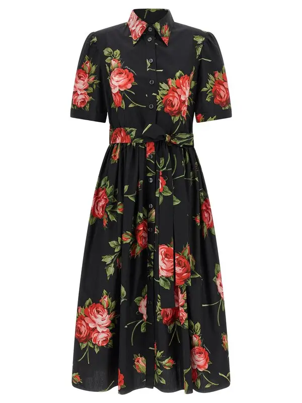Dolce & Gabbana Bouquet Rose Print Poplin Midi Dress - Black