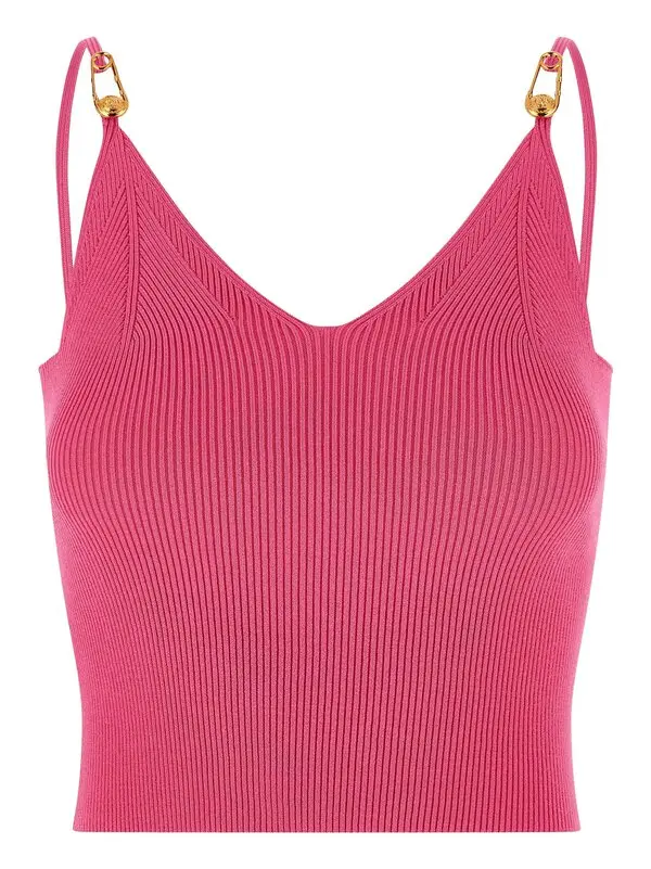 Versace Safety Pin Stretch Ribbed Knit Crop Top - Pink