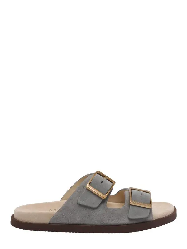 Brunello Cucinelli Suede Slides With Buckled Straps - Gray