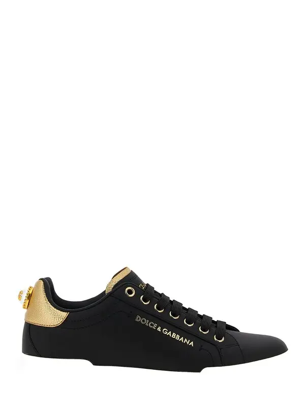 Dolce & Gabbana Portofino' Leather Sneakers With Pearl Logo Detail - Black