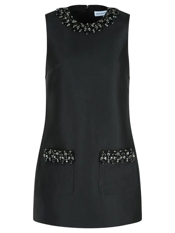 SELF-PORTRAIT Embellished Crew Neck Polyester Dress - Black