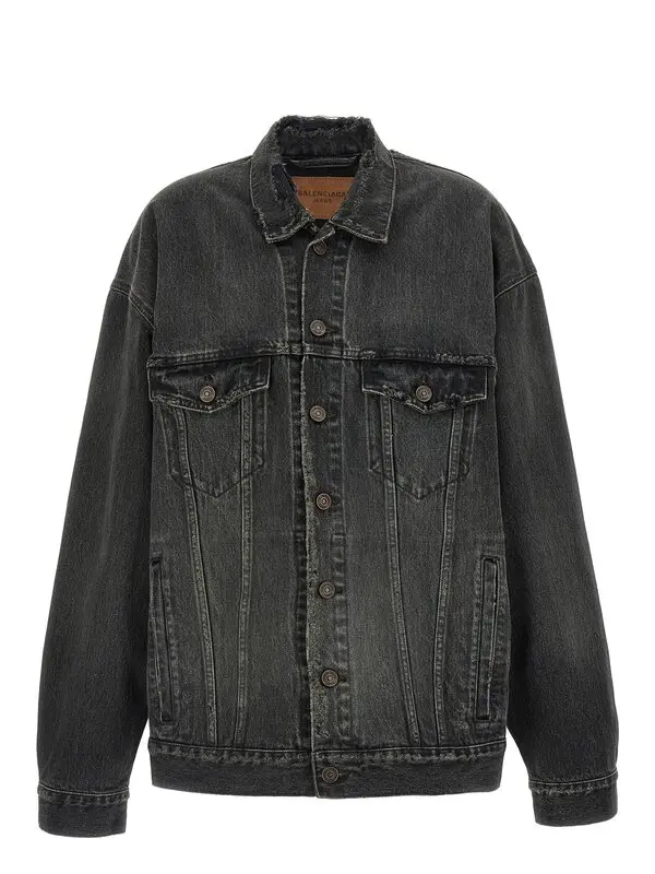 Balenciaga Distressed Denim Jacket With Logo Print - Gray