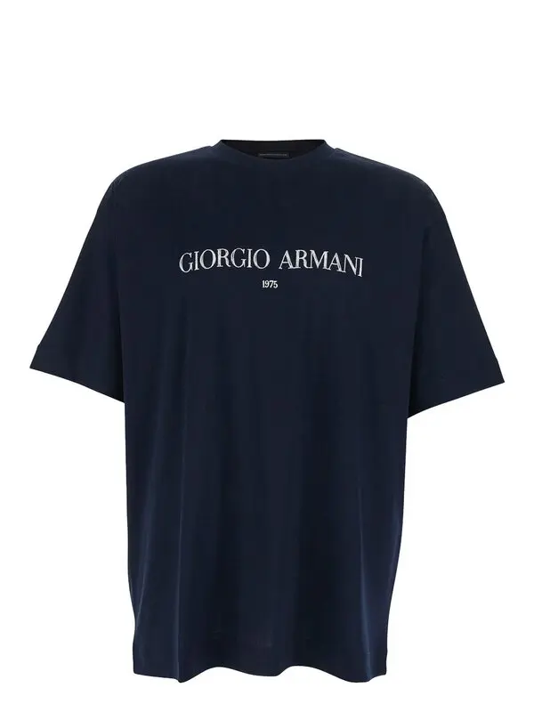 Giorgio Armani Blue Crew Neck T-shirt With Logo Lettering On The Front In Cotton For - Multicolor