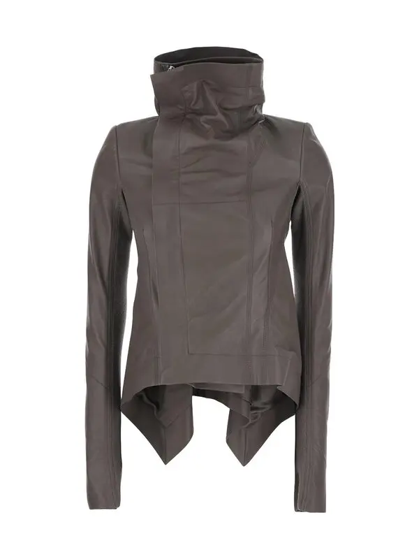 Rick Owens Asymmetrical Leather Jacket With High Collar - Gray