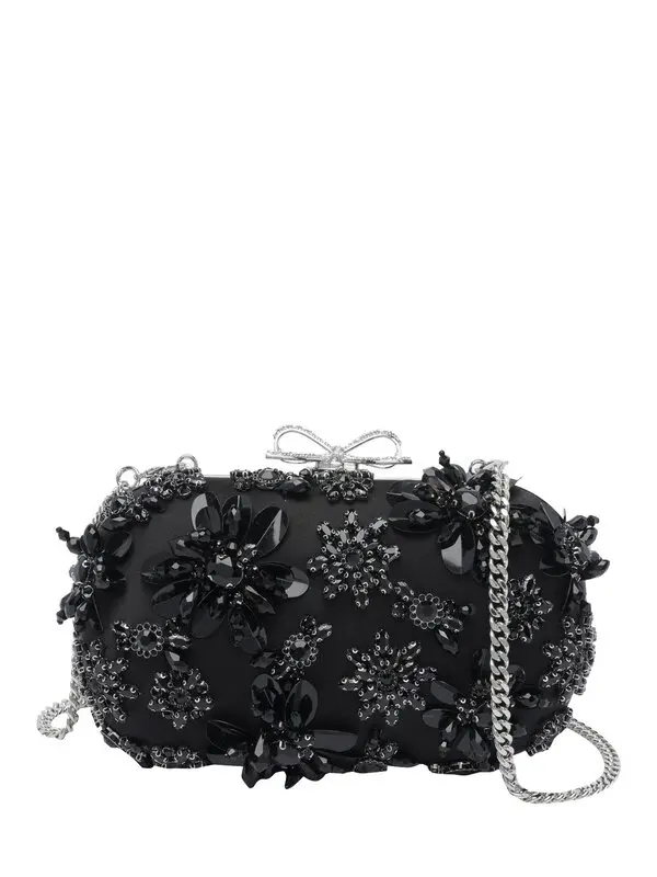 SELF-PORTRAIT Floral Crystal Embellished Clutch With Chain Strap - Black