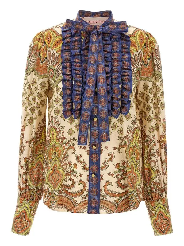 Valentino Garavani Voyage Imaginaire" Silk Shirt With Ruffles And Lavallière Collar - Multicolor