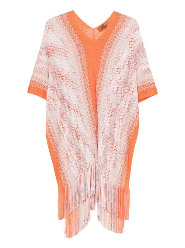Missoni Zigzag Pattern Cape With Fringe Details - Orange