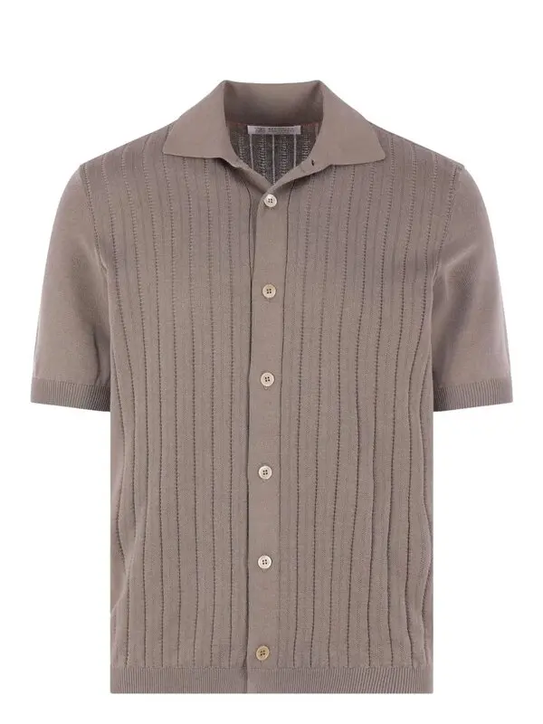 Brunello Cucinelli Short Sleeve Ribbed Polo Neck Cardigan - Brown