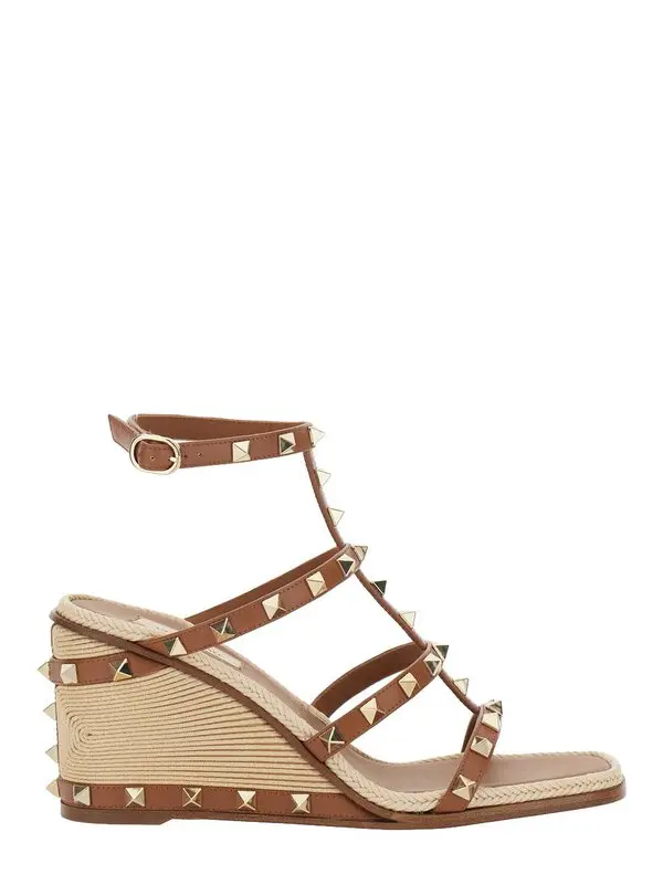 Valentino Garavani Brown Leather High Wedge Slingback Sandals With Rockstud Embellishments - Multicolor