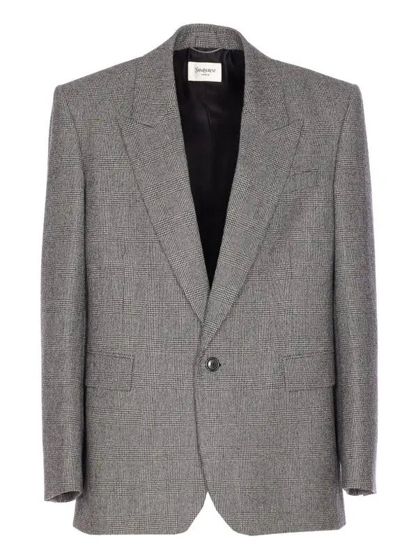 Saint Laurent Prince Of Wales Wool Flannel Blazer - Black
