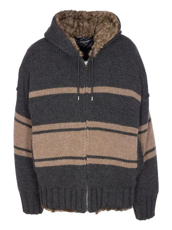 Dolce & Gabbana Striped Knitted Jacket With Shearling Detail - Gray